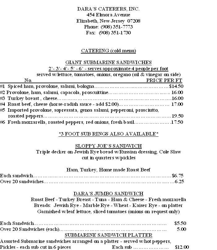 Menu at Dara's Caterers, Elizabeth