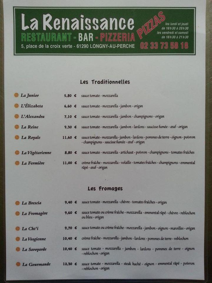 Menu at Le Renaissance restaurant, Longny-au-Perche