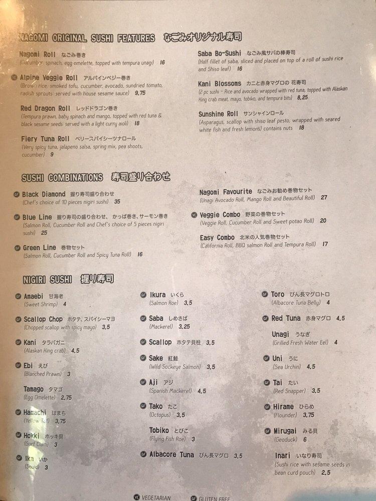 Menu at Nagomi Sushi restaurant, Whistler
