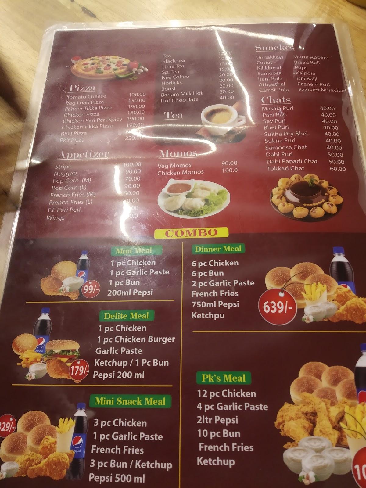 Menu at Pk Baker's, Seethangoli