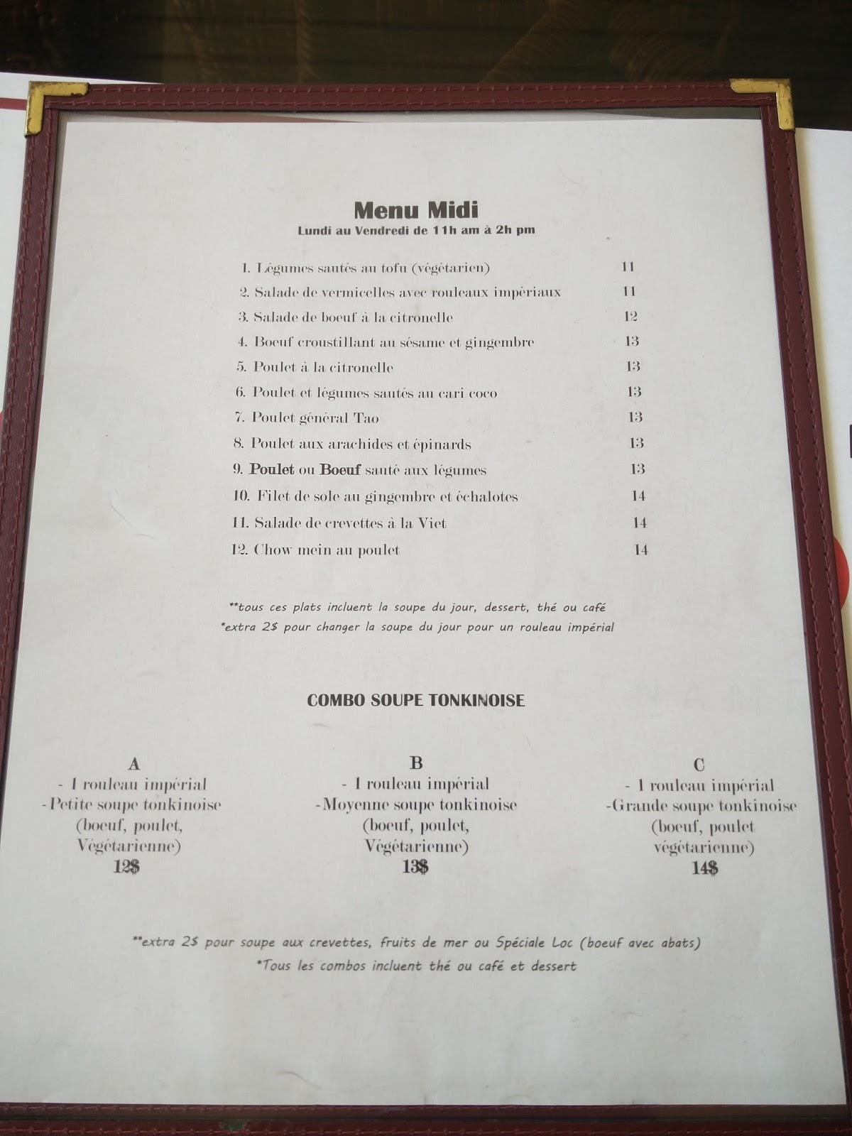 Menu au Restaurant Pho Loc, Sherbrooke