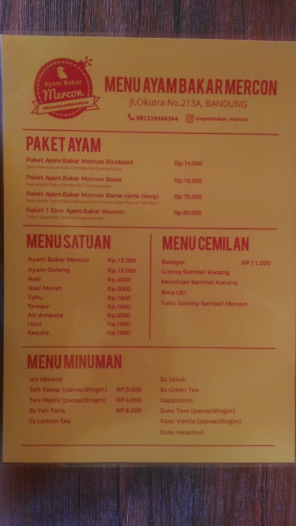Menu at Restoran Ayam Bakar Mercon restaurant, Bandung