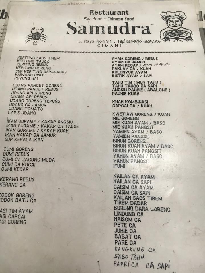 Menu at Samudra Chinese Food restaurant, Bandung