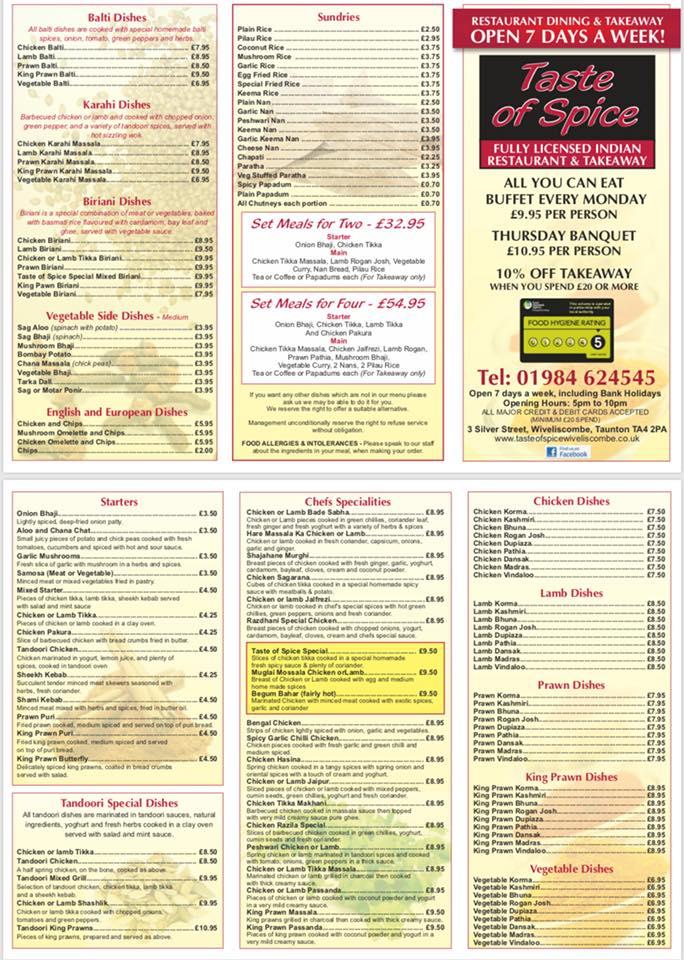 Menu at Taste of India restaurant, Wiveliscombe