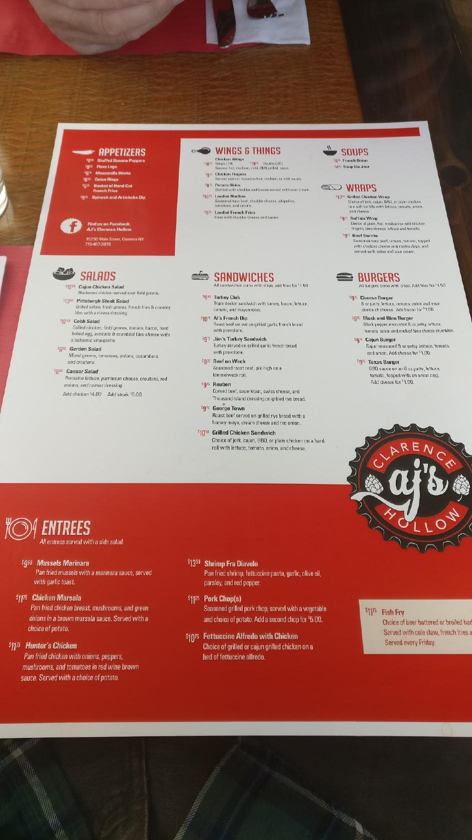 Menu at Aj's pub & bar, Clarence