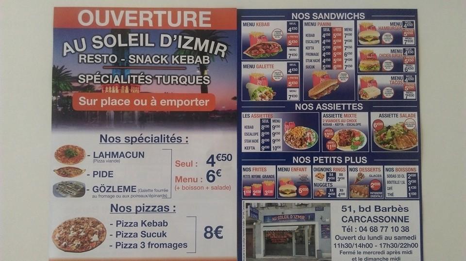 Menu at Au Soleil d'Izmir restaurant, Carcassonne