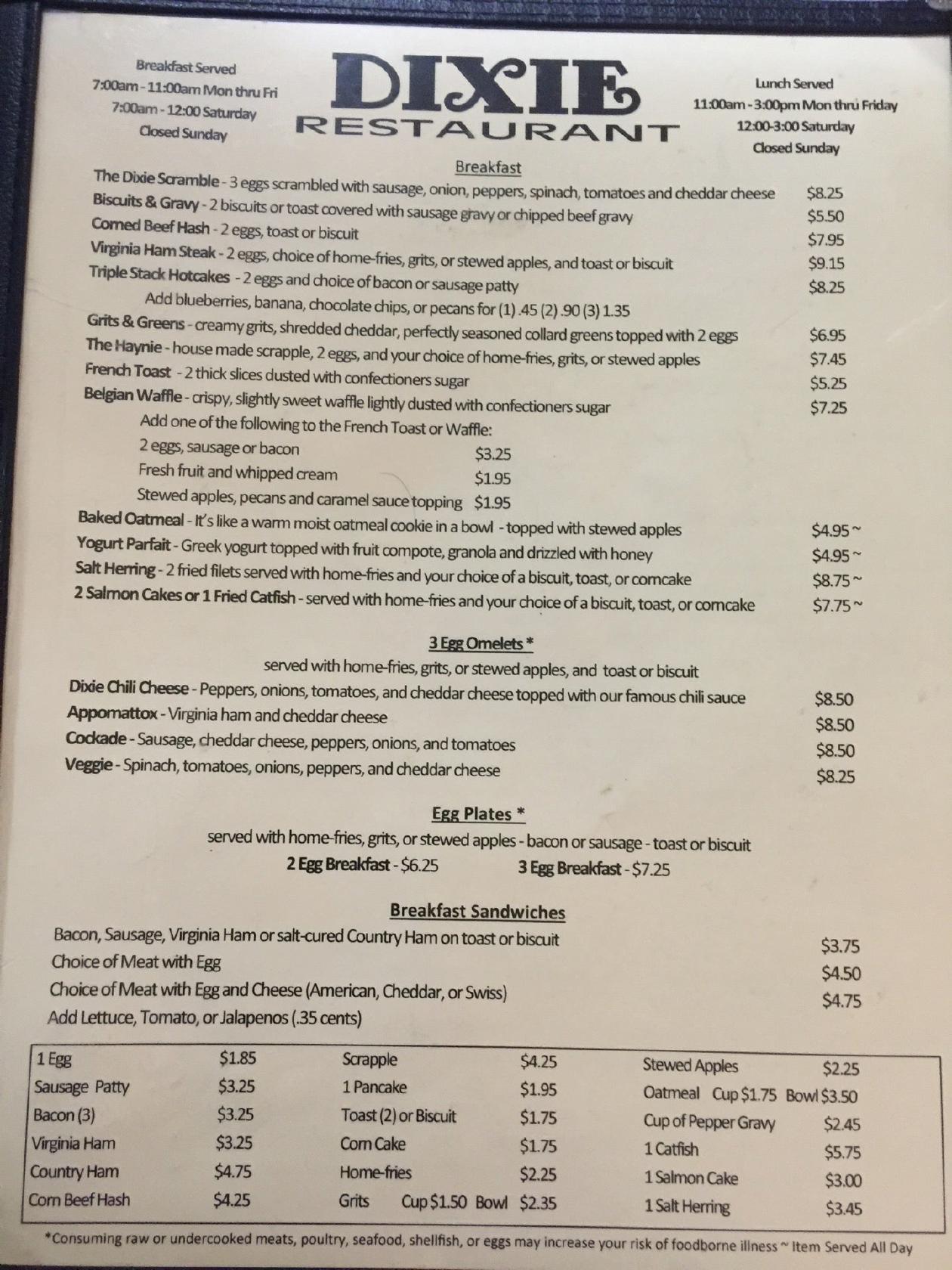 Menu at Dixie Restaurant, Petersburg