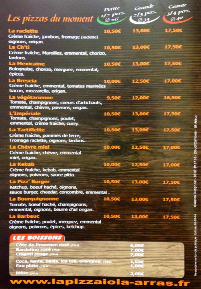 Menu au La Pizzaiola restaurant, Arras