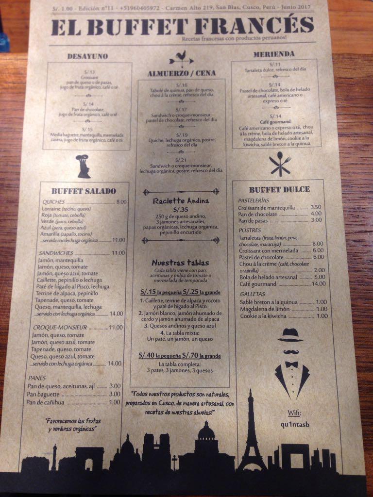 Menu at Le Buffet Francés restaurant, Cusco