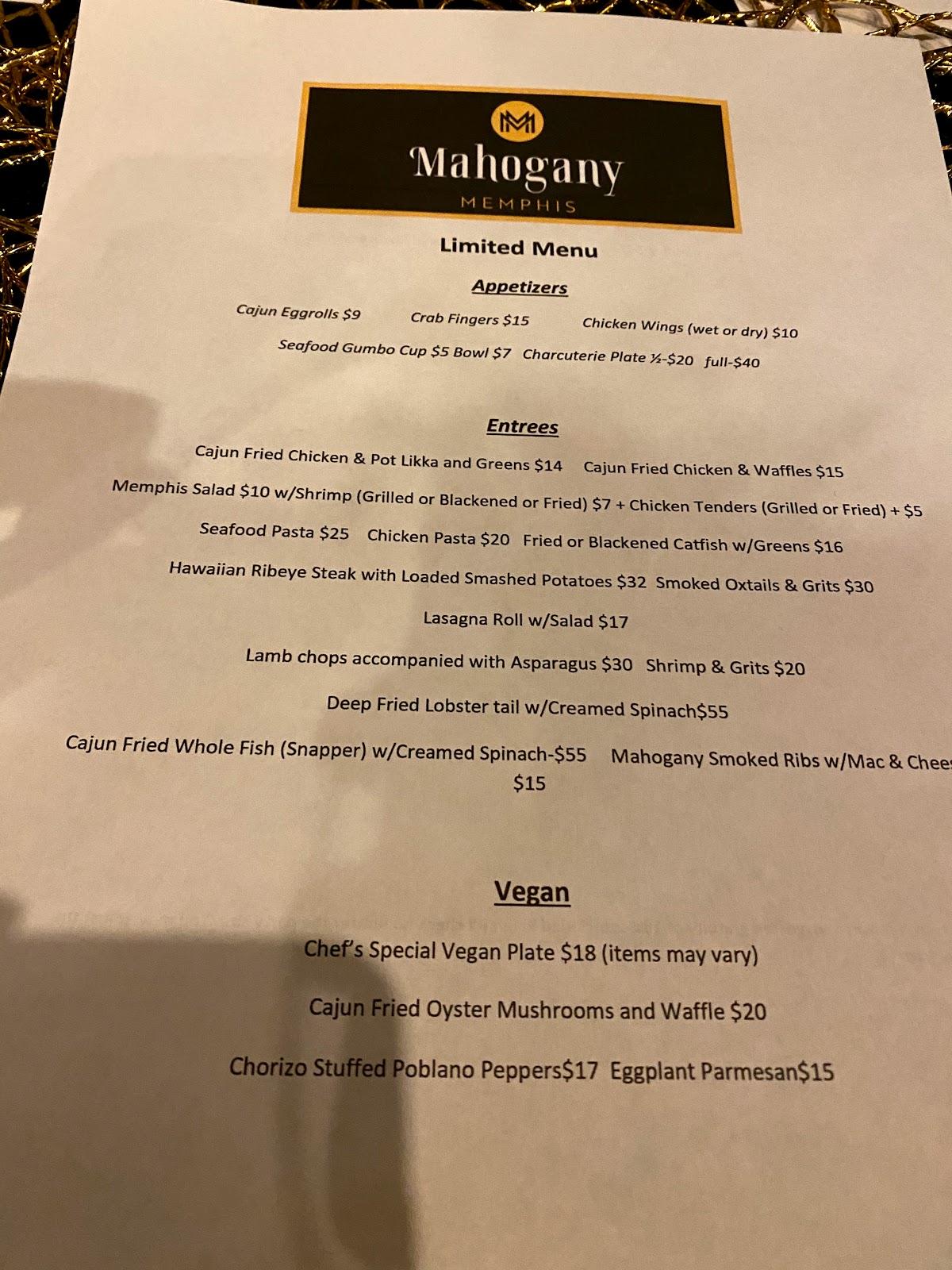 Menu at Mahogany Memphis restaurant, Memphis