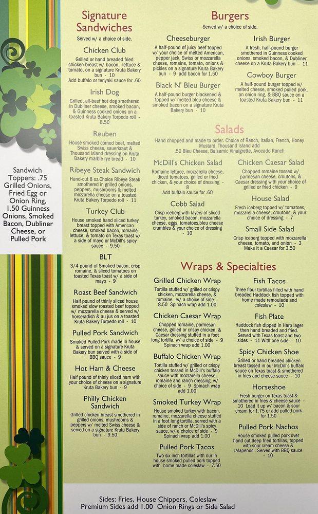 Menu at McDill's Irish Pub, Collinsville