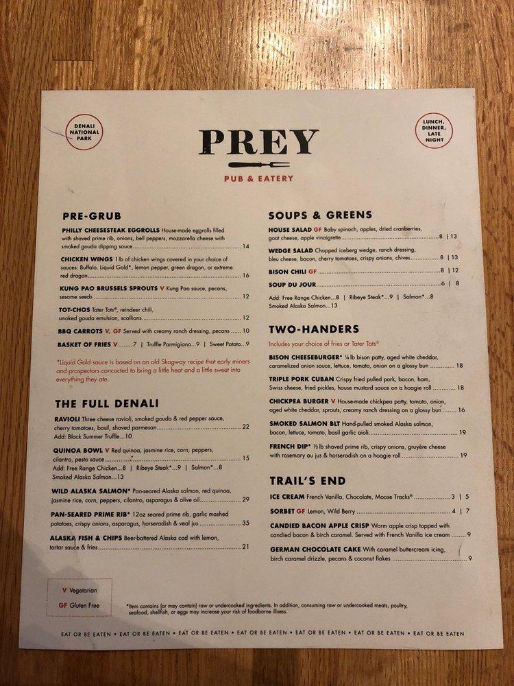 Menu at Prey Pub & Eatery, McKinley Park