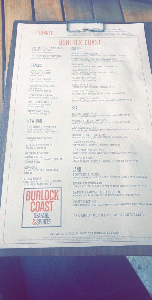 Menu at Burlock Coast restaurant, Fort Lauderdale