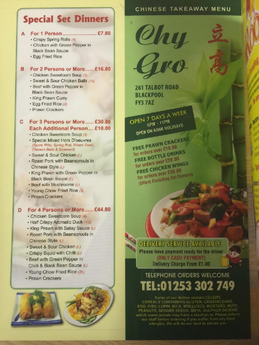 Menu at Chy Gro Chinese restaurant, Blackpool
