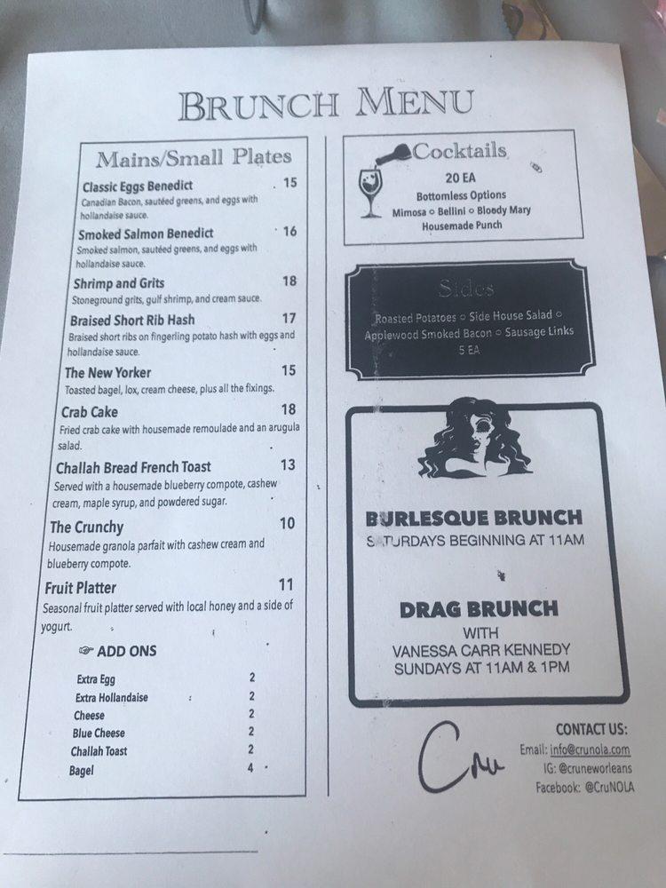 Menu at Cru by Chef Marlon Alexander pub & bar, New Orleans