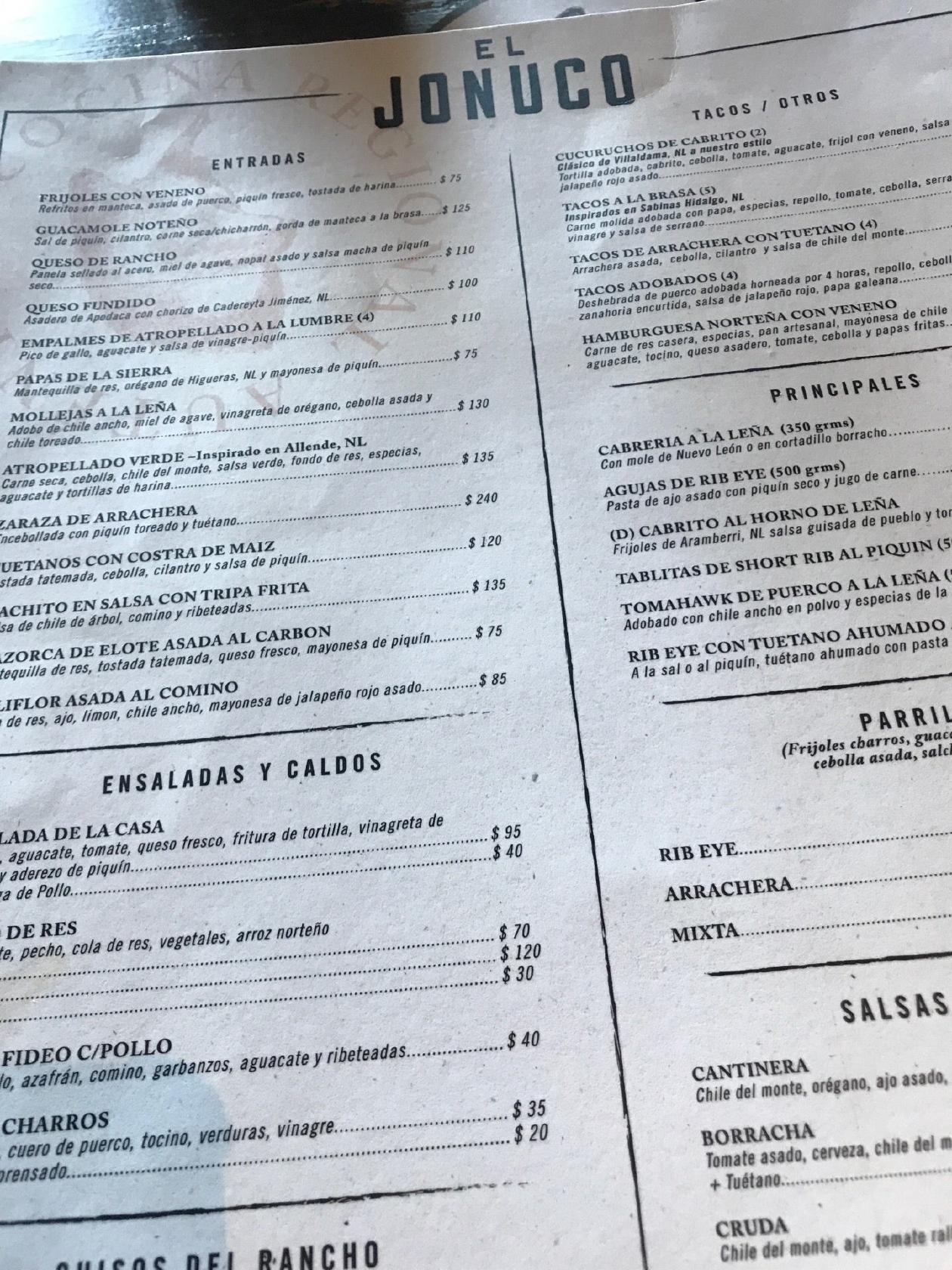 Carta del restaurante El Jonuco, Apodaca