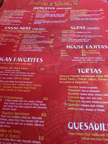 Menu at Mole Mole restaurant, Poughkeepsie, 260 North Rd