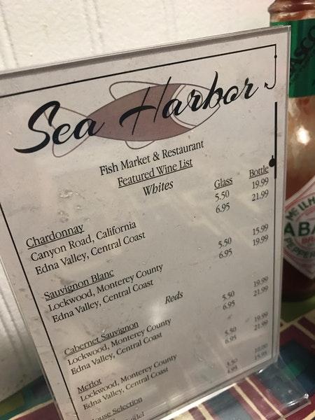 Menu at Sea Harbor Fish Market restaurant, Salinas