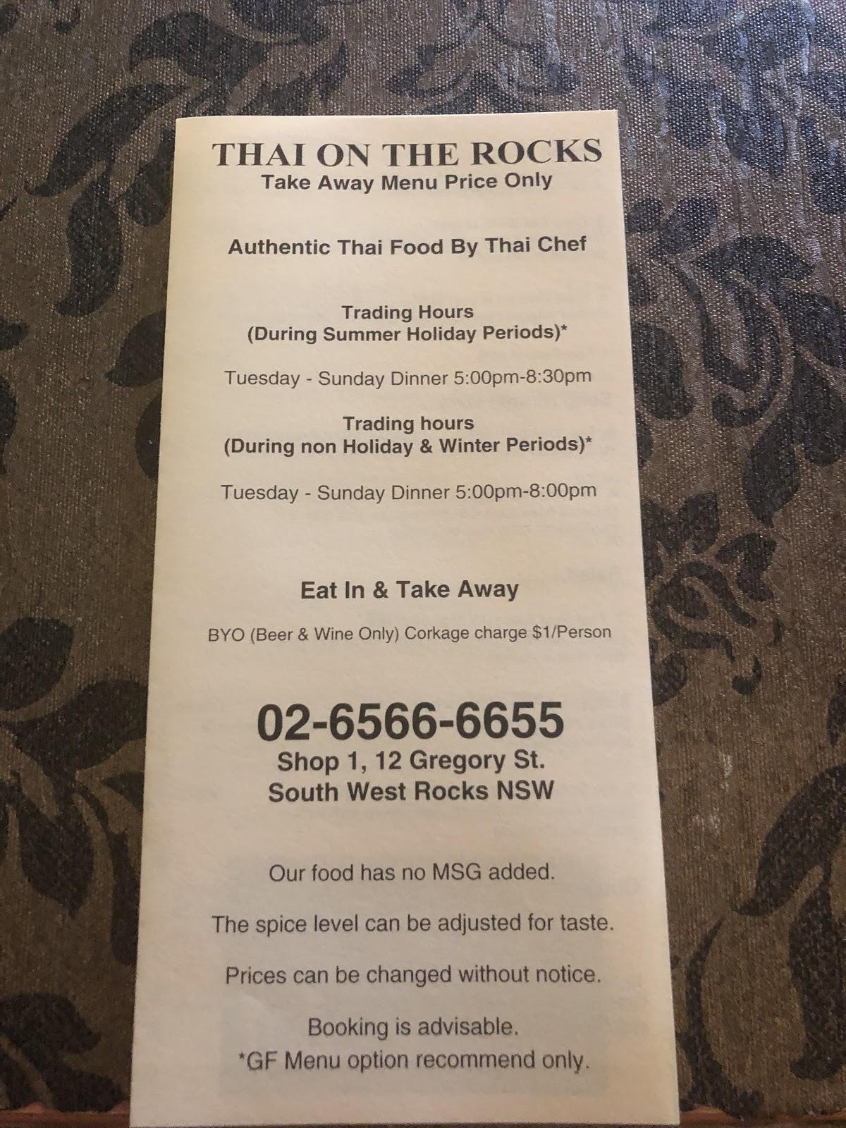 Menu at Thai on the rocks restaurant, South West Rocks