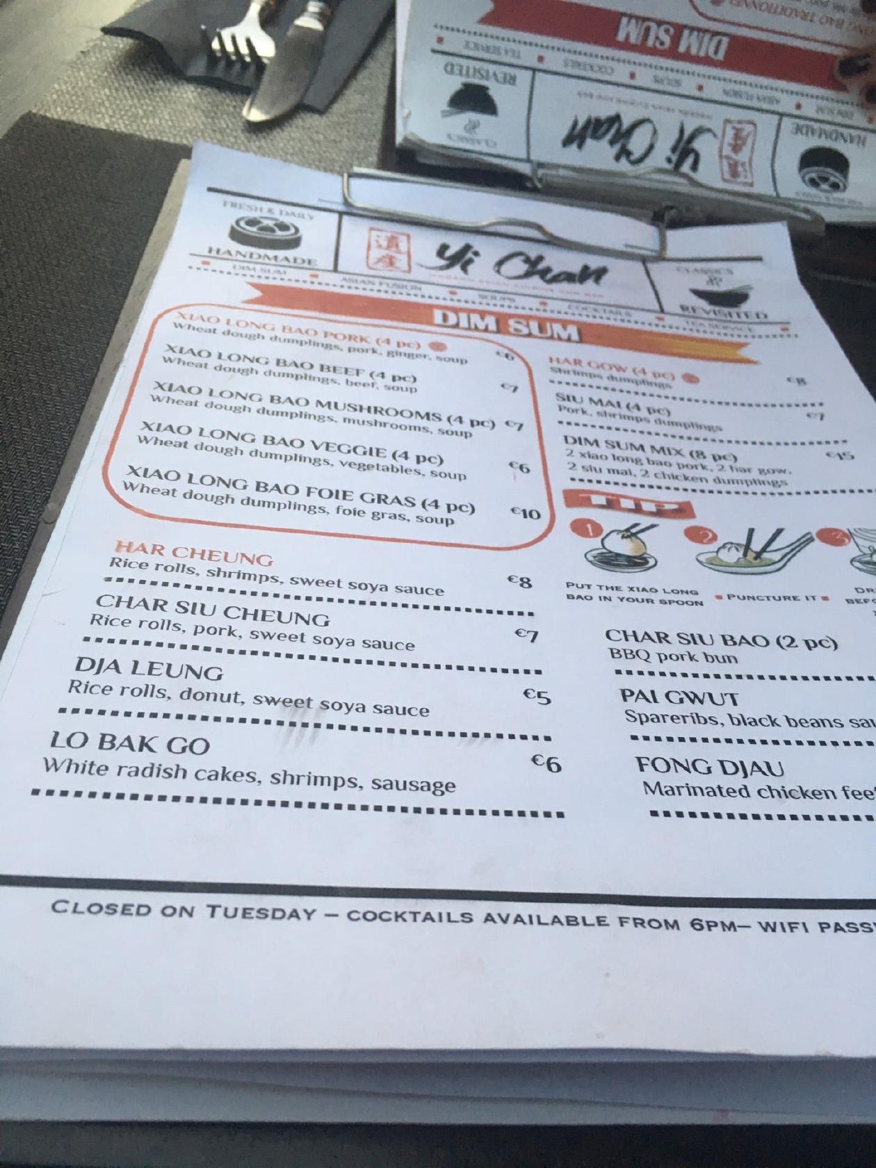 Menu at Yi Chan, Brussels, Rue Jules Van Praet 13