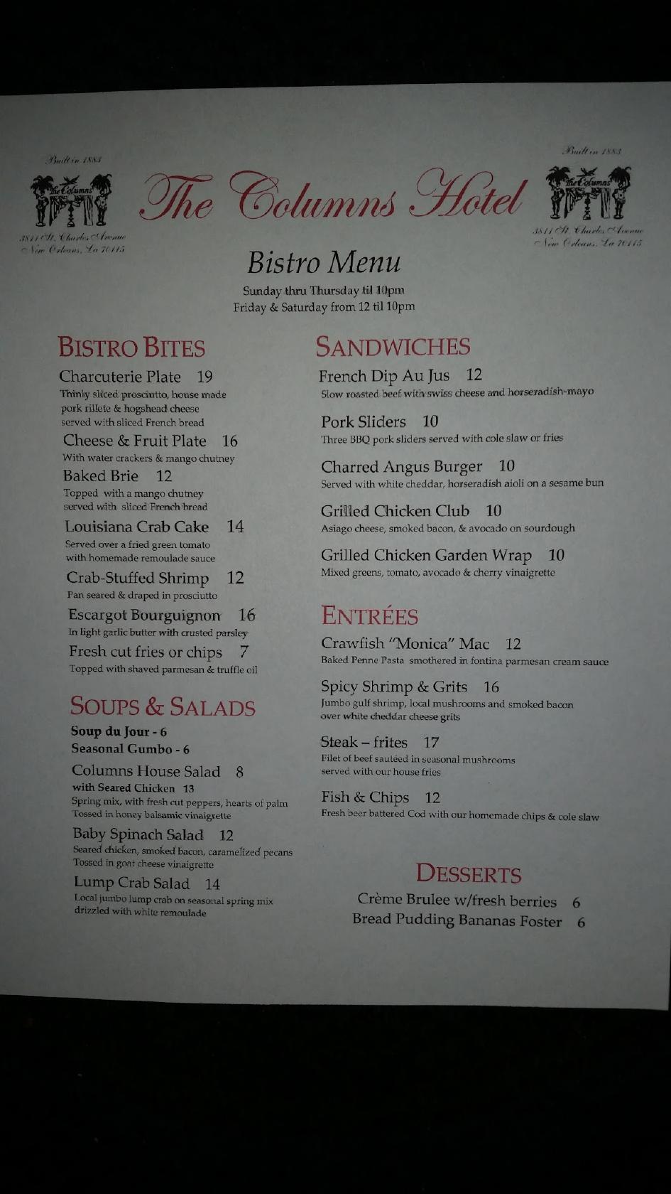 Menu at Columns restaurant, New Orleans, St Charles Ave