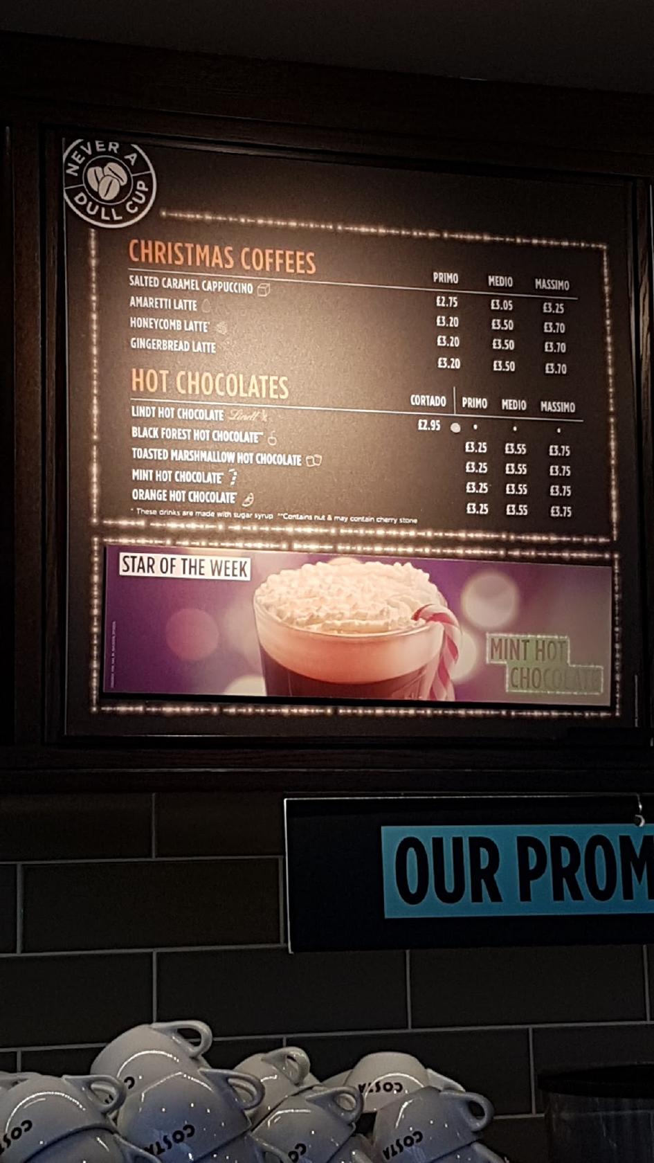 Menu at Costa Coffee, Ipswich, Anglia Retail Park