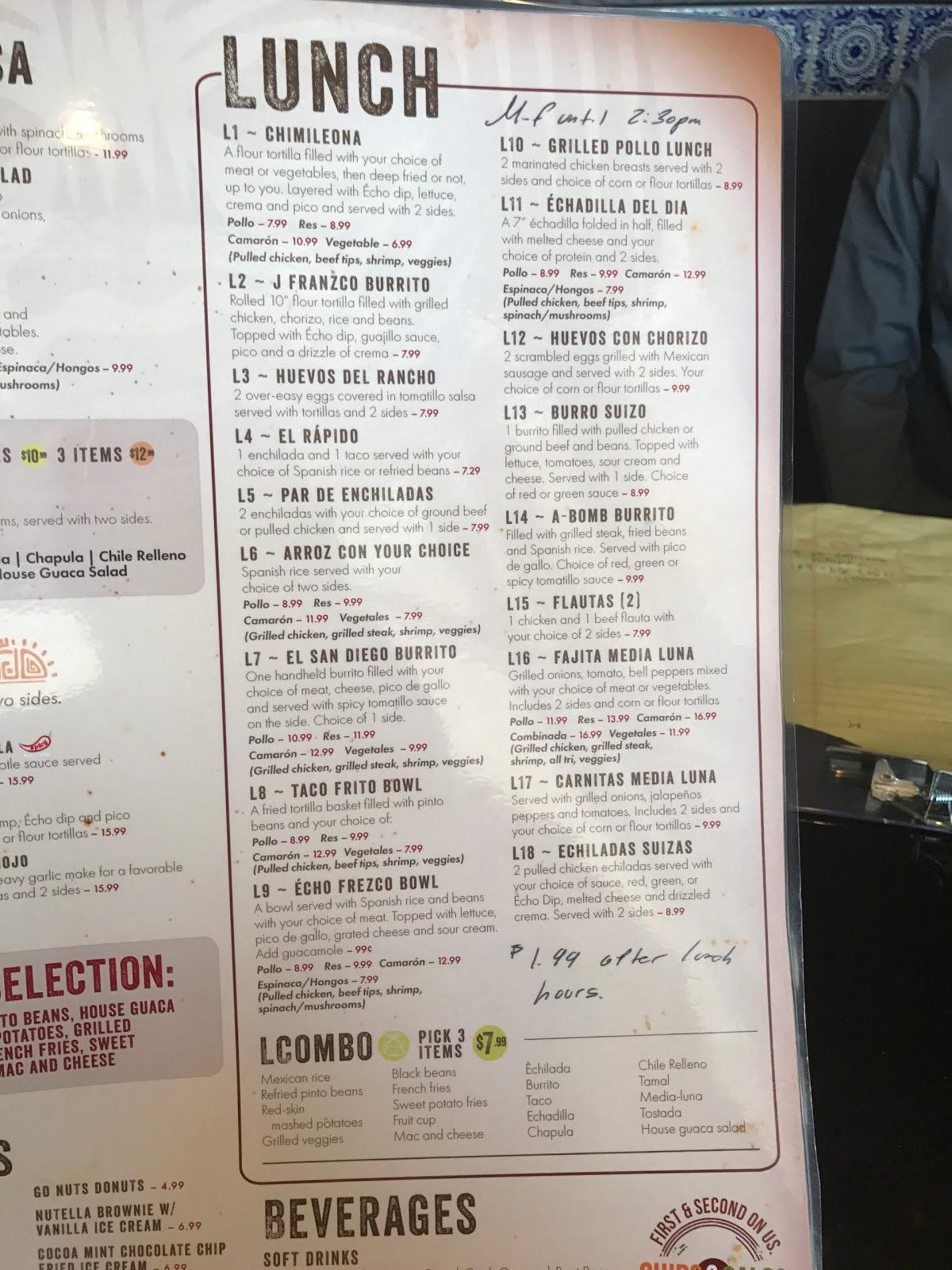 Menu at Echo Frezco Cocina Mexicana restaurant, Shrewsbury