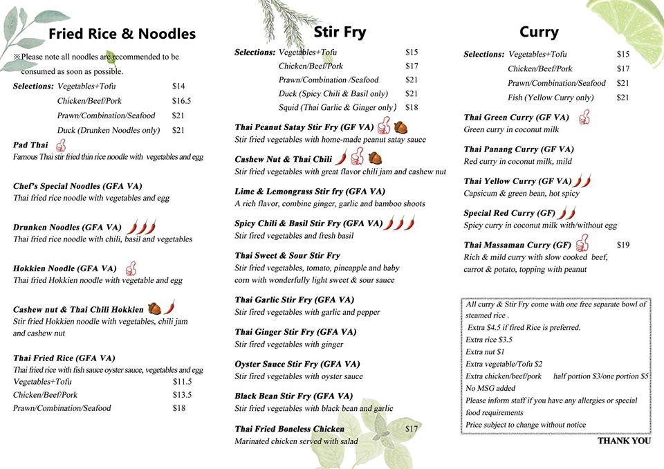 Menu at Lime & Lemongrass Thai food restaurant, Bellerive