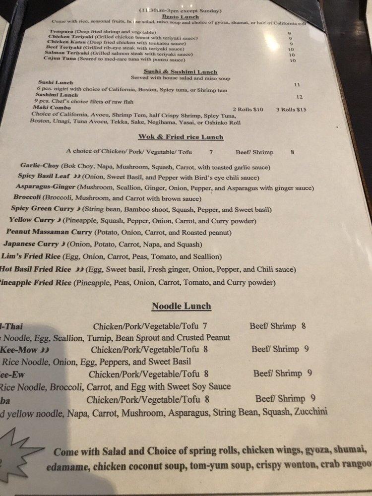 Menu at Lim's Fine Thai & Sushi Restaurant, Providence