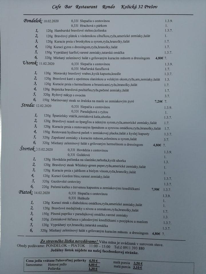Menu at Rondo restaurant, Prešov