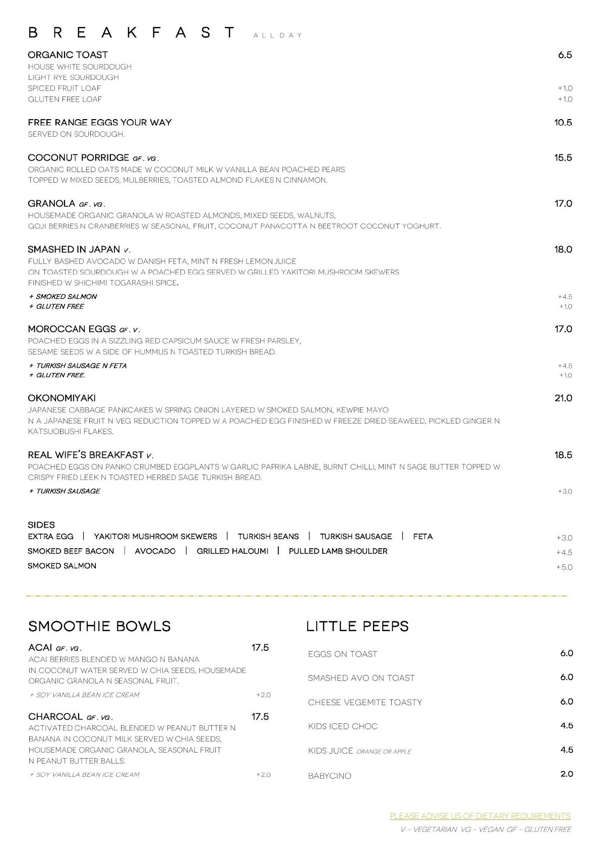 Menu at Second Wife cafe, Box Hill