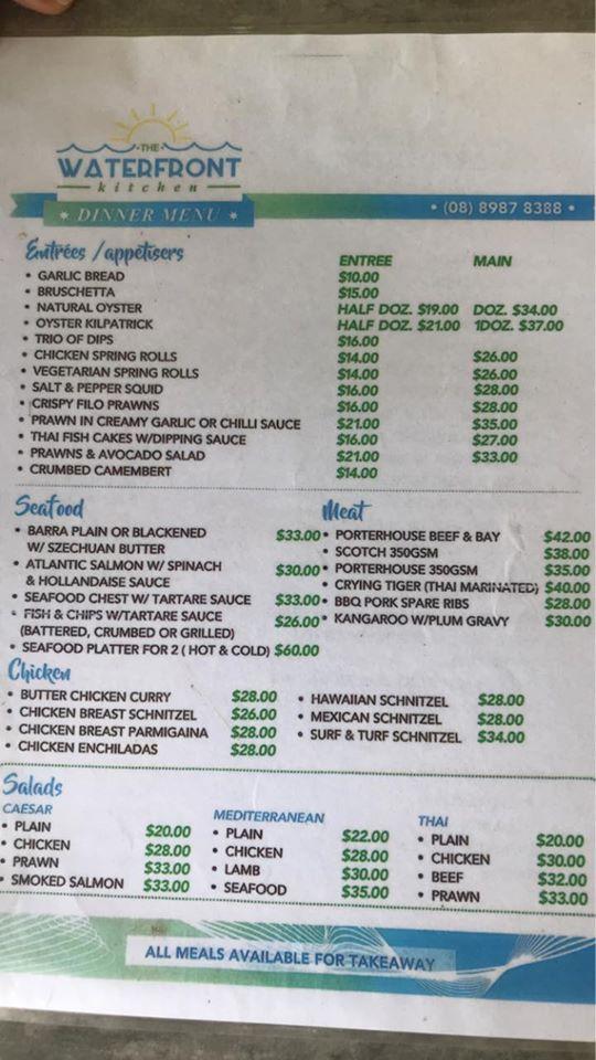 Menu at The Waterfront Kitchen restaurant, East Arnhem, Gove