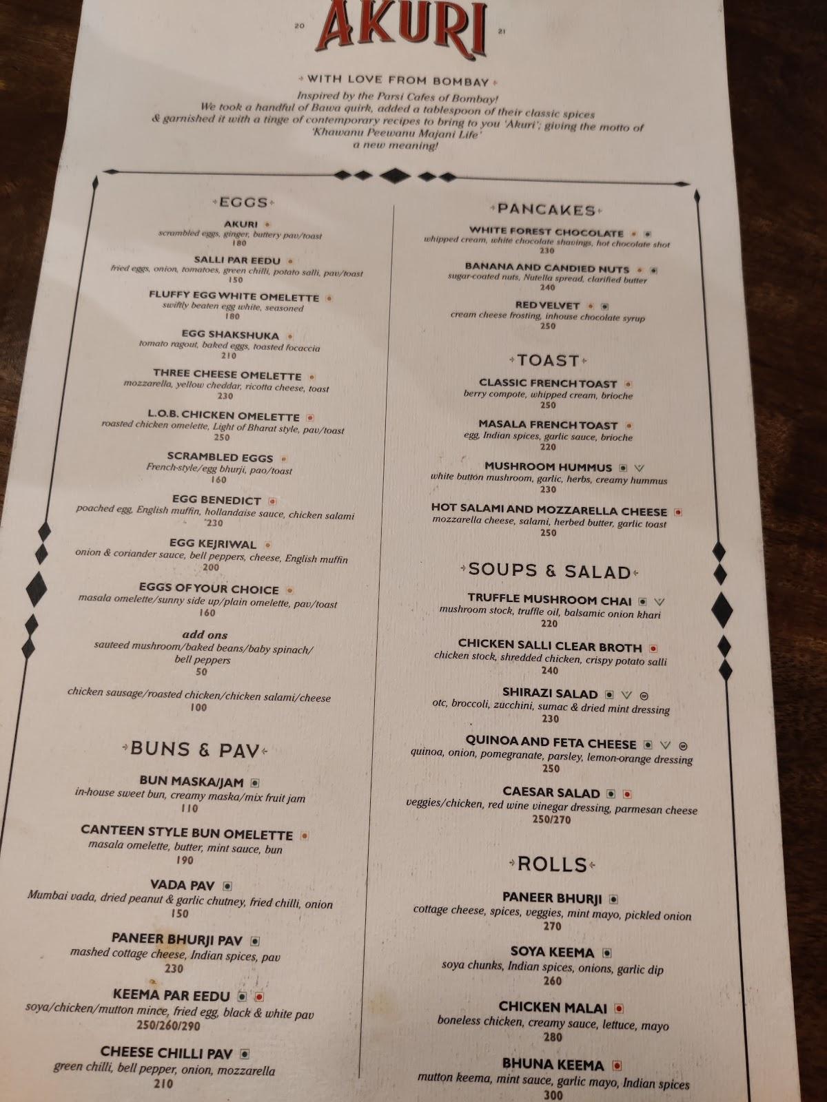 Menu at Akuri Jaipur, Jaipur