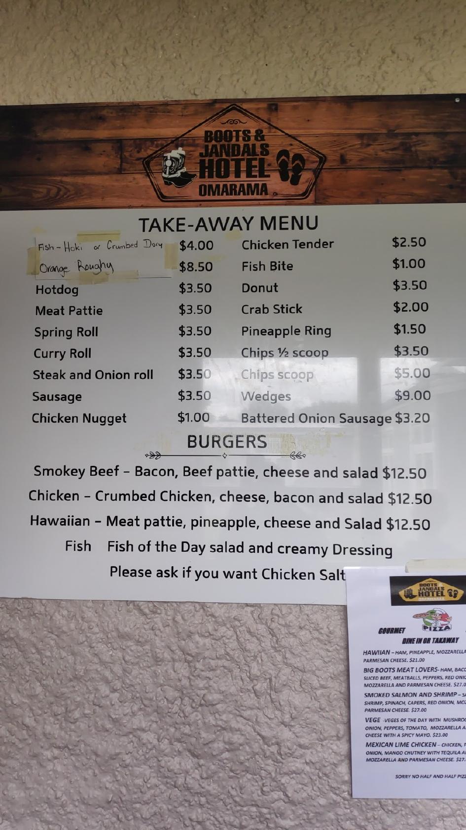 Menu at Boots and Jandals restaurant, Omarama