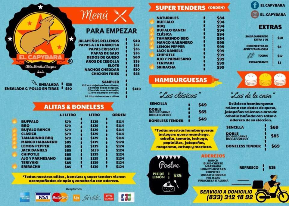 Menu at El Capybara, Tampico