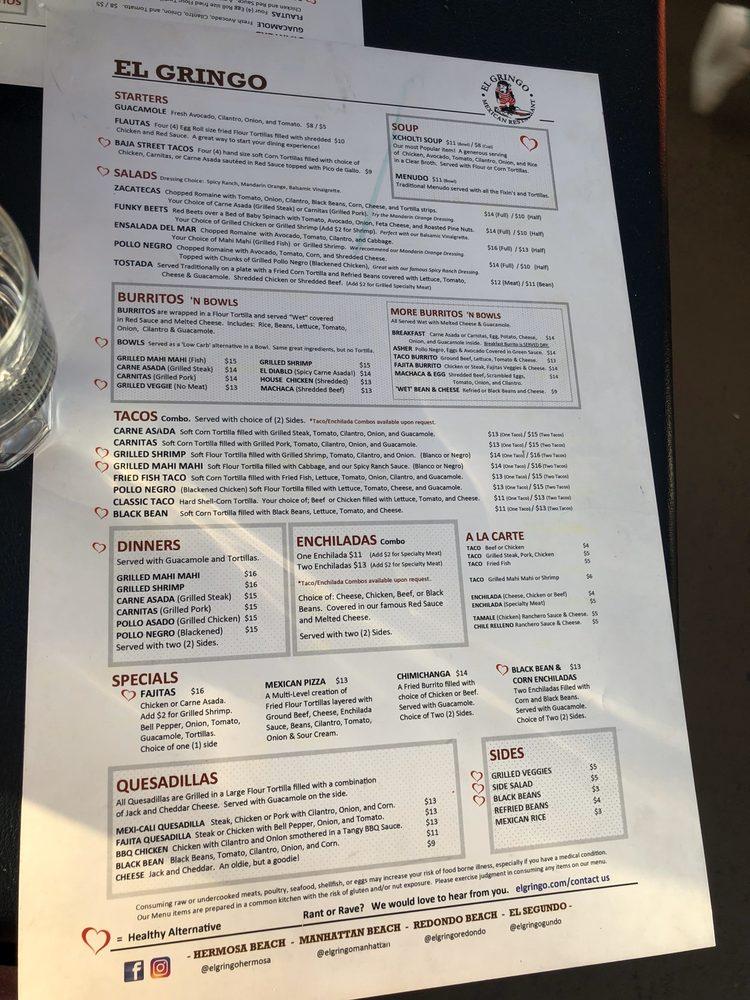 Menu at El Gringo Manhattan restaurant, Manhattan Beach
