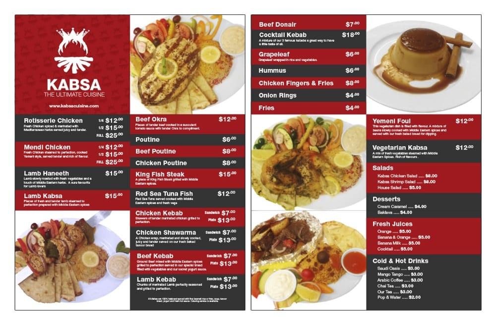 Menu at Kabsa restaurant, Edmonton, 153 Ave NW