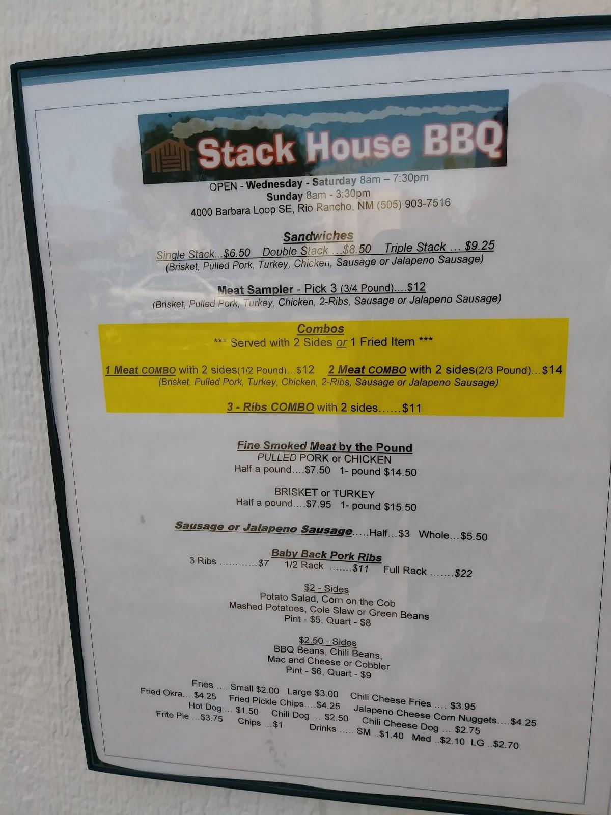 Menu at Stack House BBQ, Rio Rancho