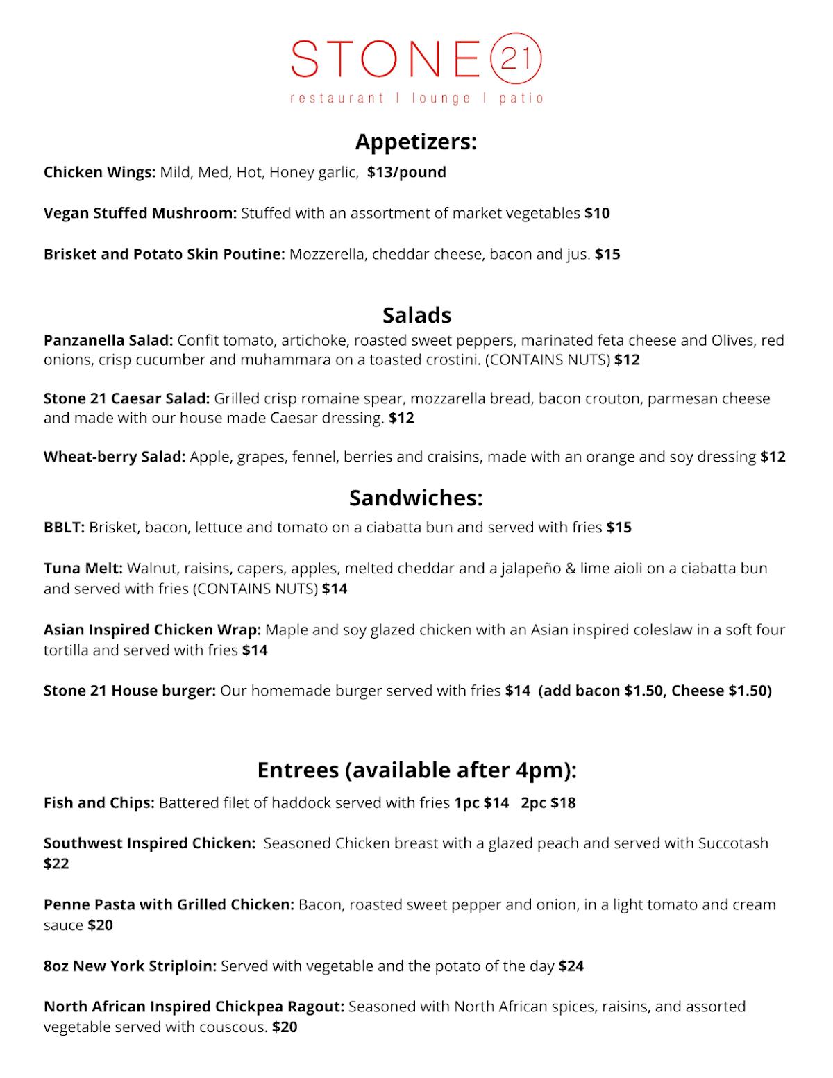 Menu at Stone 21 restaurant, Canada