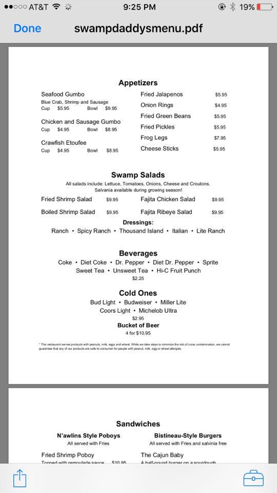 Menu at Swamp Daddy's Seafood & Steaks restaurant, Haughton