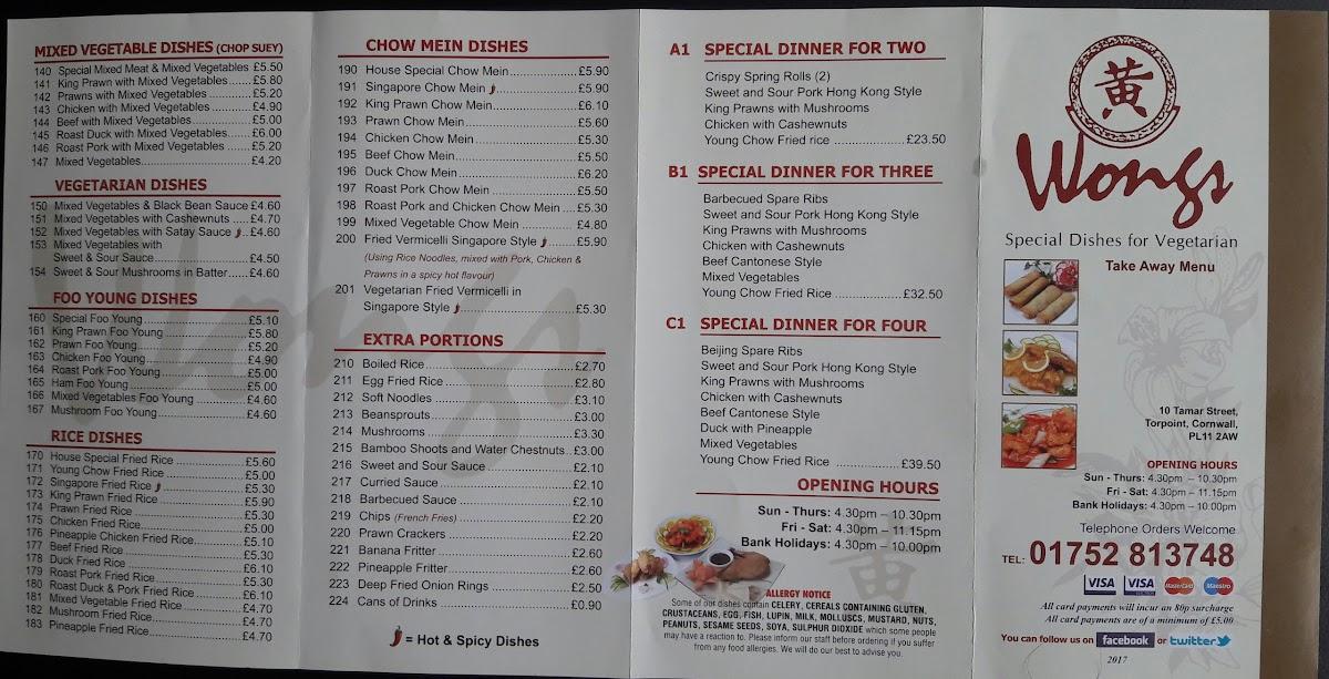 Menu at Wongs restaurant, Torpoint, 10 Tamar St