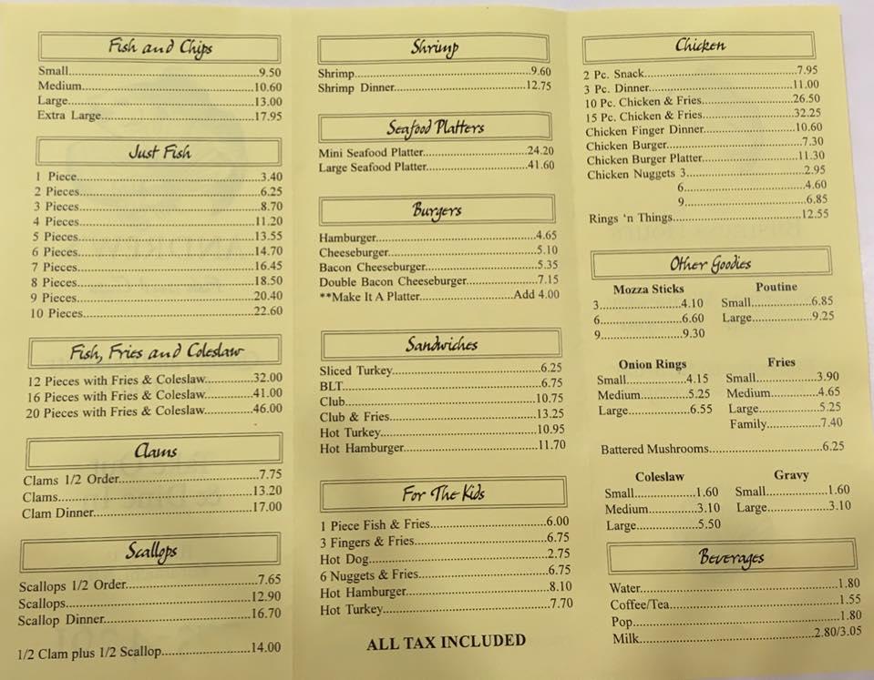 Menu at Andrew's Fish & Chips restaurant, Miramichi