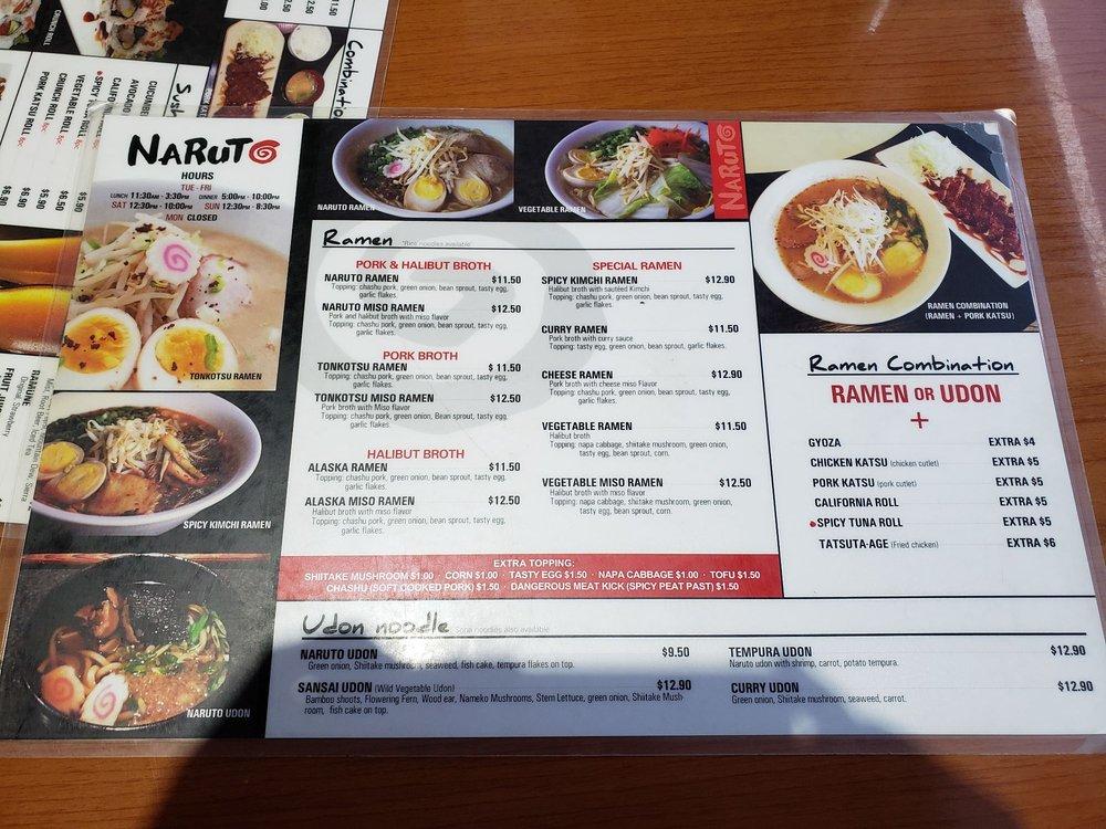 Menu at Naruto Japanese Restaurant, Anchorage