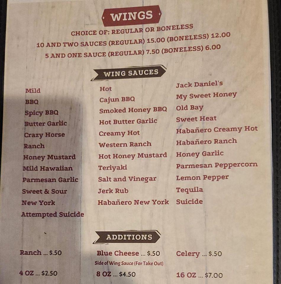 Menu at The Stadium restaurant, Pottsville