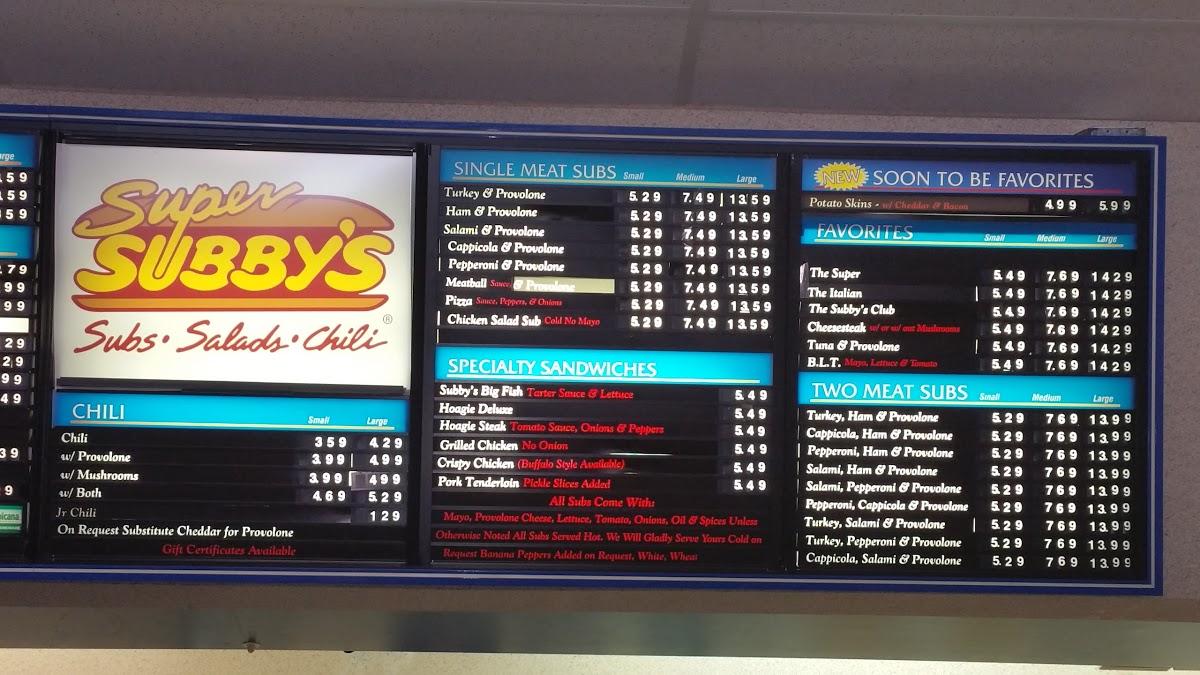 Menu at Super Subby's fast food, Miamisburg, E Central Ave
