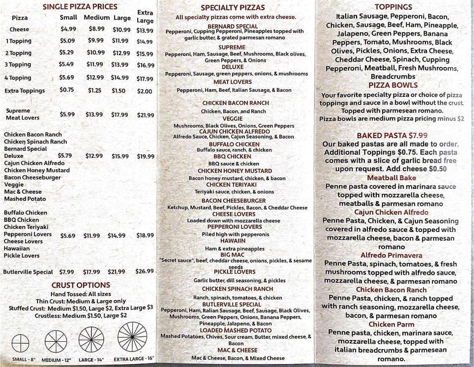 Menu at Bernard Pizza Co. pizzeria, USA