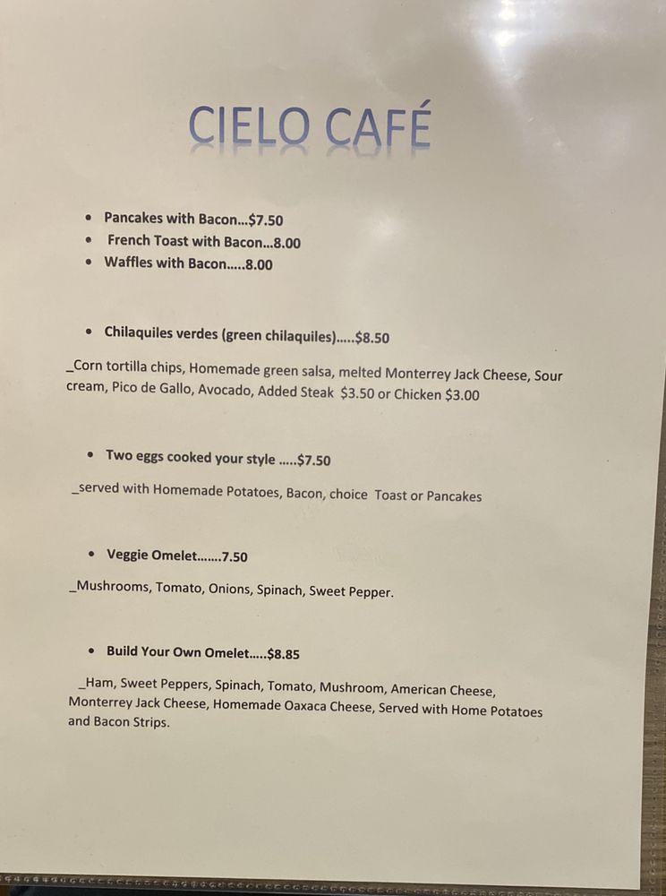 Menu at Cielo Mexican Grill restaurant, Schaumburg