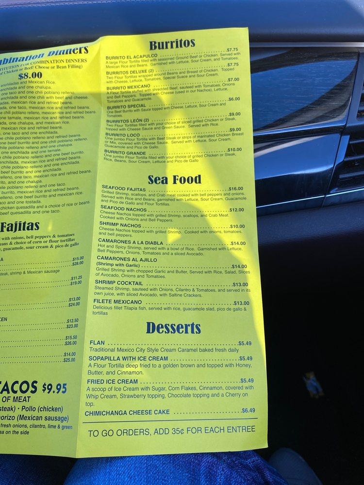 Menu at El Acapulco Authentic Mexican restaurant, Poplar Bluff