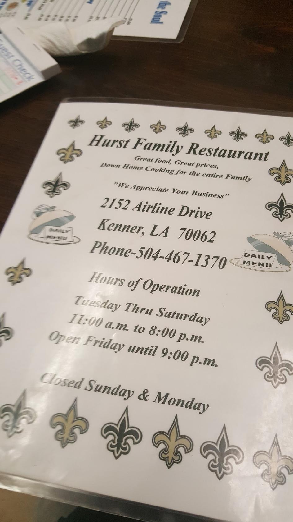Menu at Hurst’s Restaurant and Seafood, Kenner