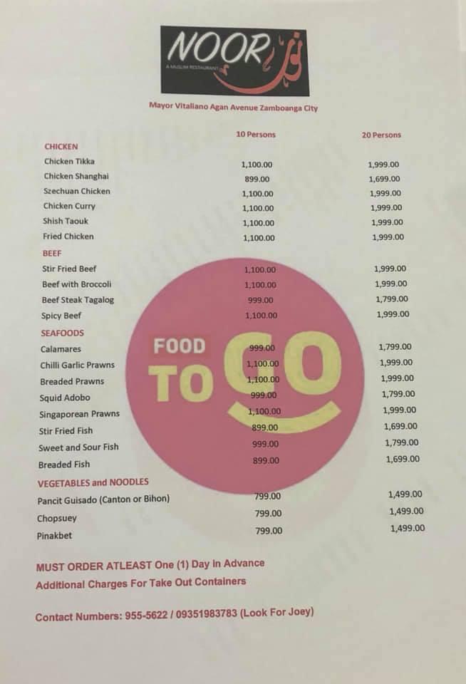 Menu at NOOR a Muslim Restaurant, Zamboanga